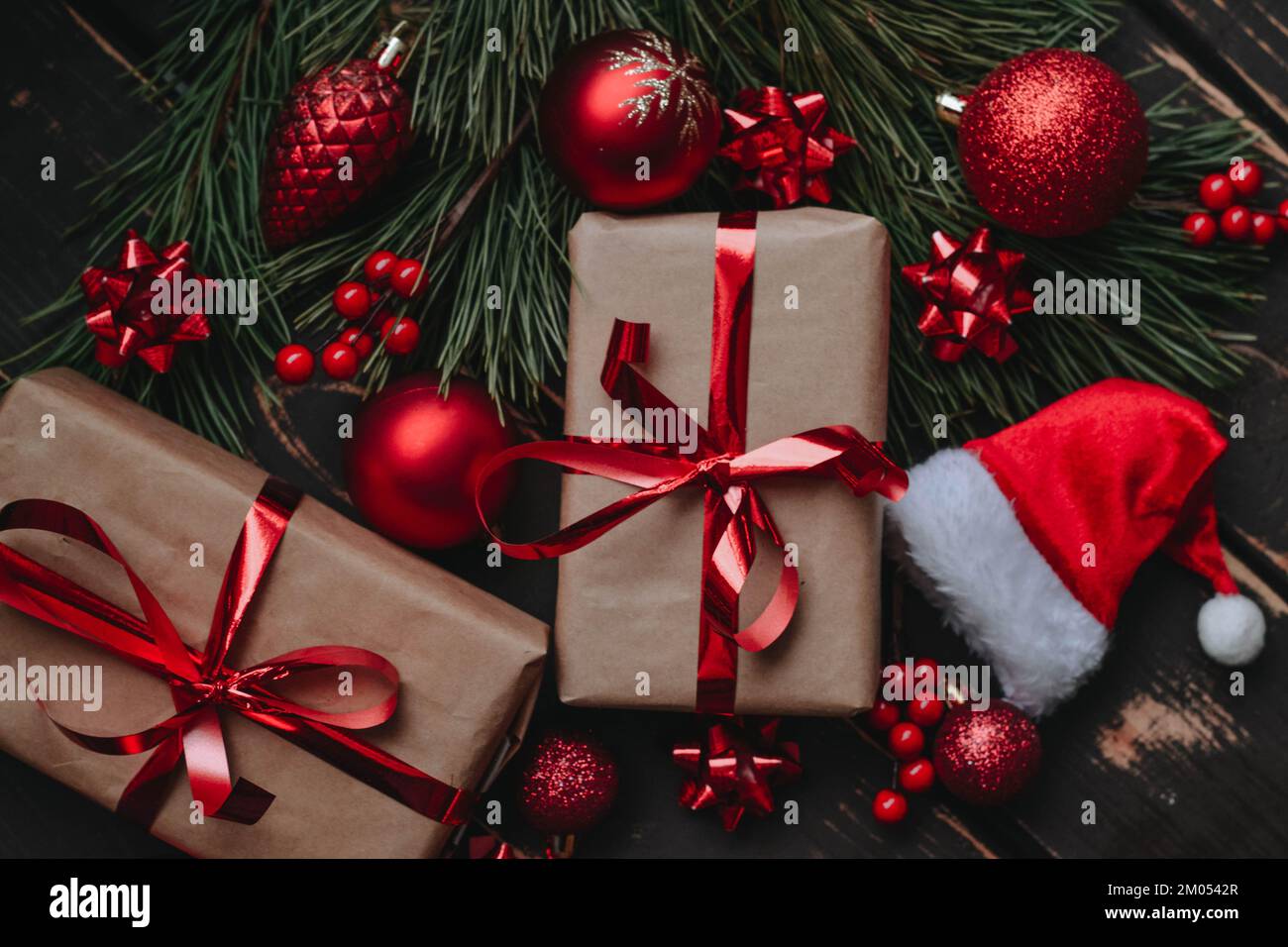 Christmass background gift boxes,red christmas tree toys,Santa hatn and ...