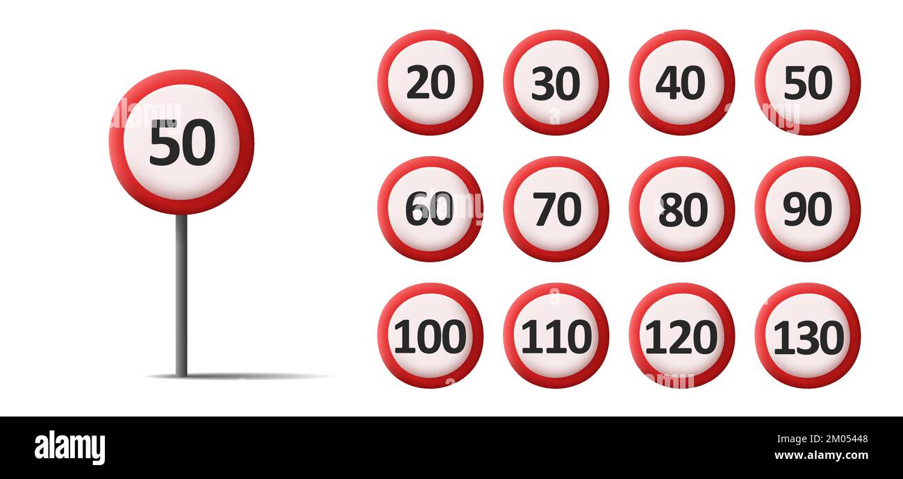 Speed limit road sign set, stick with round white plate with red circle and number, isolated ...