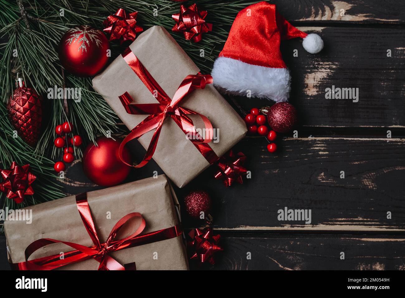 Christmass background gift boxes,red christmas tree toys,Santa hatn and ...