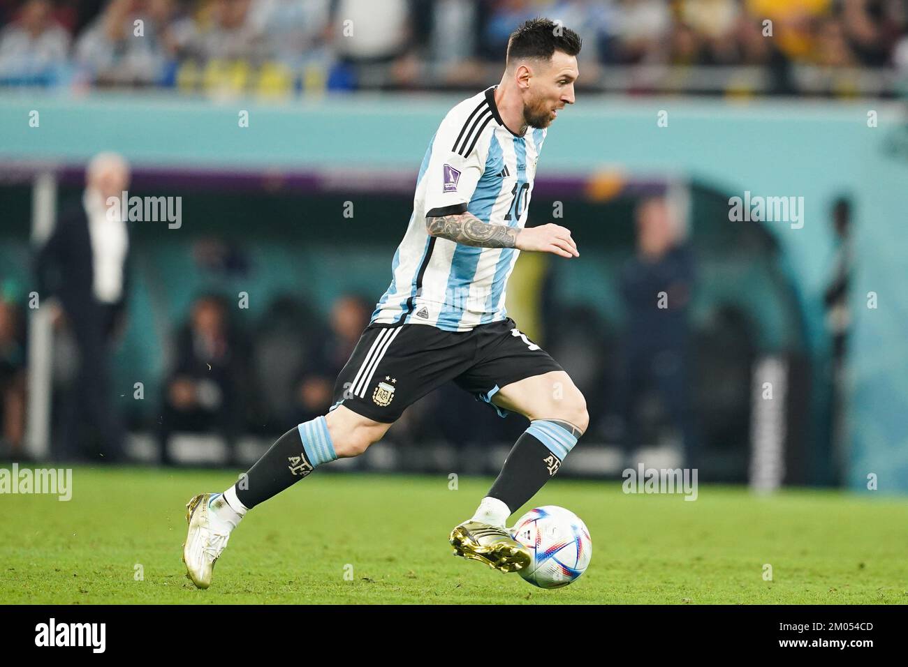 DOHA, QATAR - DECEMBER 3: Player of Argentina Lionel Messi drives the ...