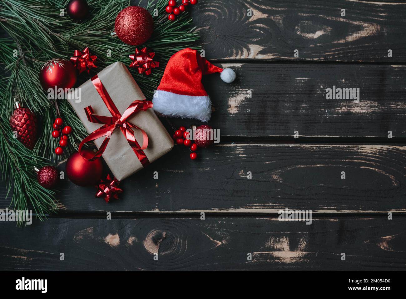 Christmass background gift boxe,red christmas tree toys,Santa hatn and ...