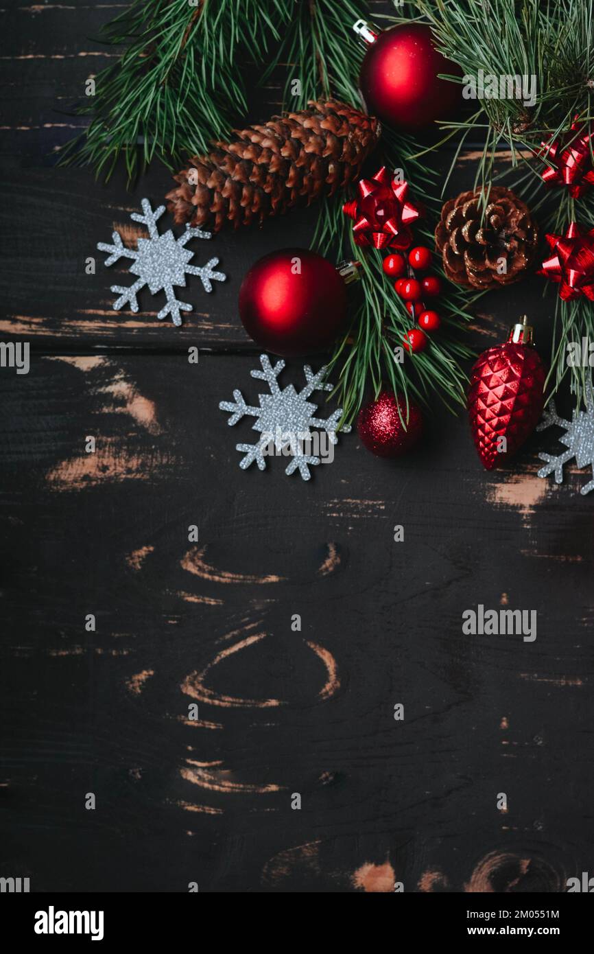 Christmass background red christmas tree toys,silver snowflake and ...