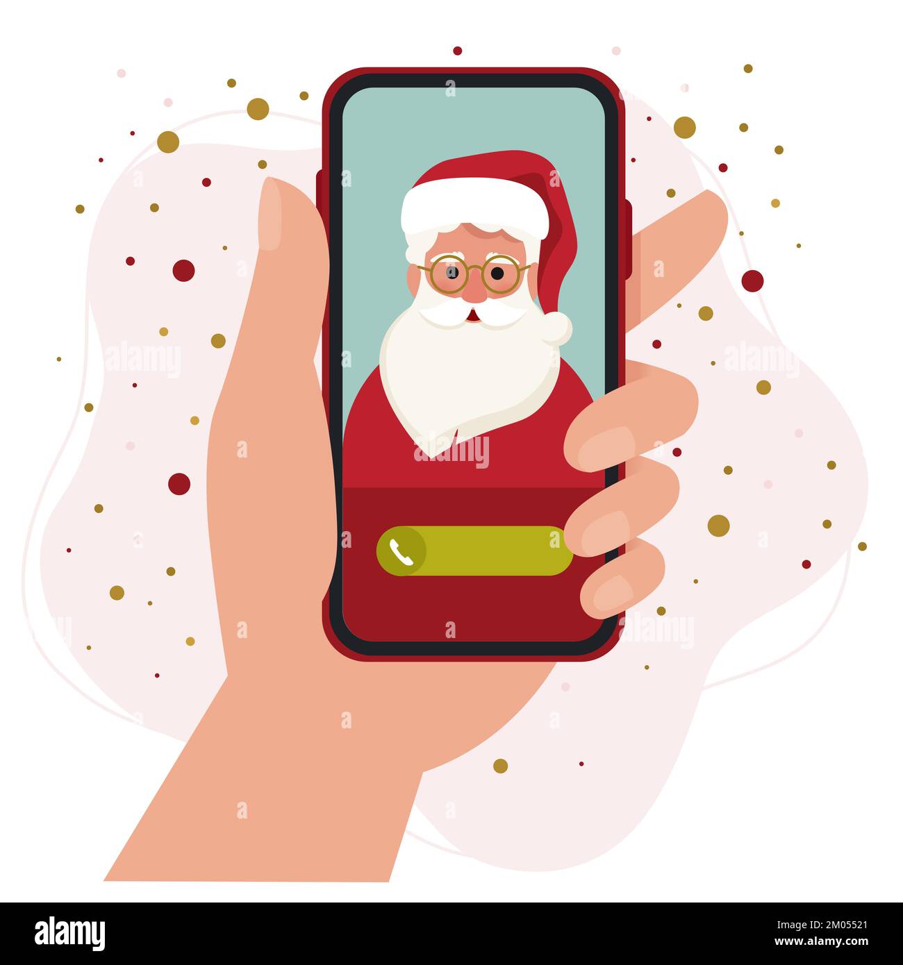 Hand-holding smartphone with Santa Profile Frame. Video call Santa ...