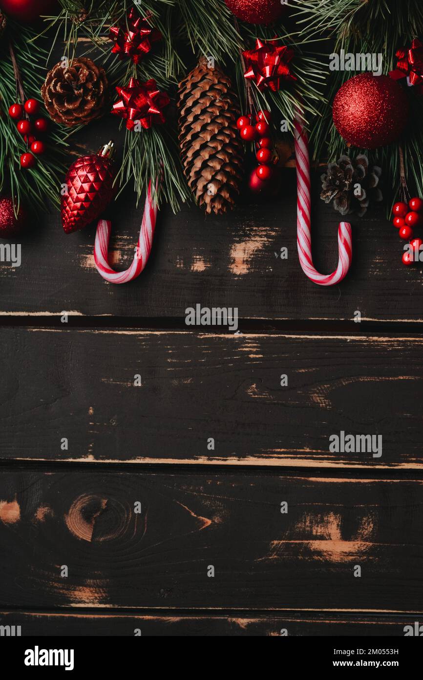 Christmass background red christmas tree toys,lollipops and spruce ...