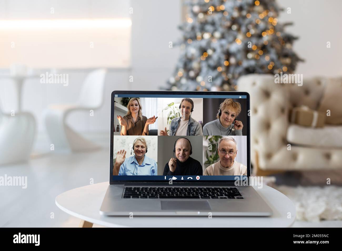 Family video call by remote chat laptop computer screen on Christmas ...