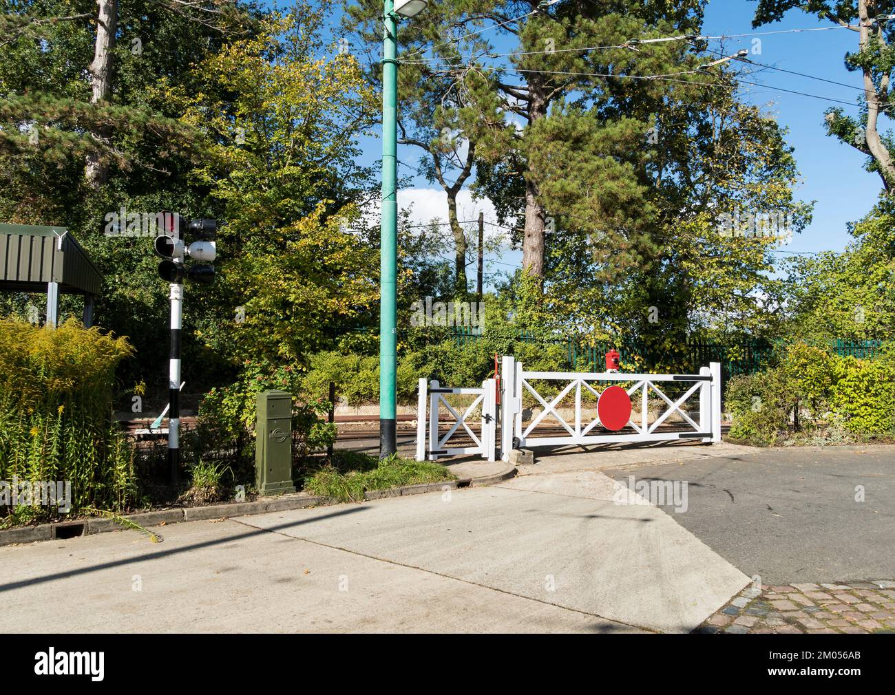Railway crossing gate and traffic lights, East Anglia Transport Museum ...
