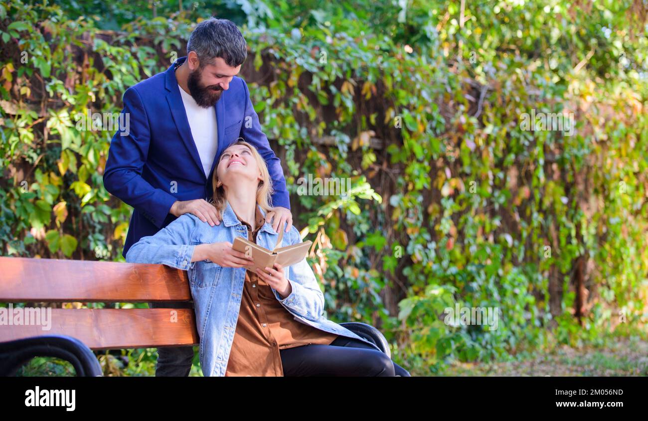 Romantic relations concept. Couple in love romantic date nature park ...