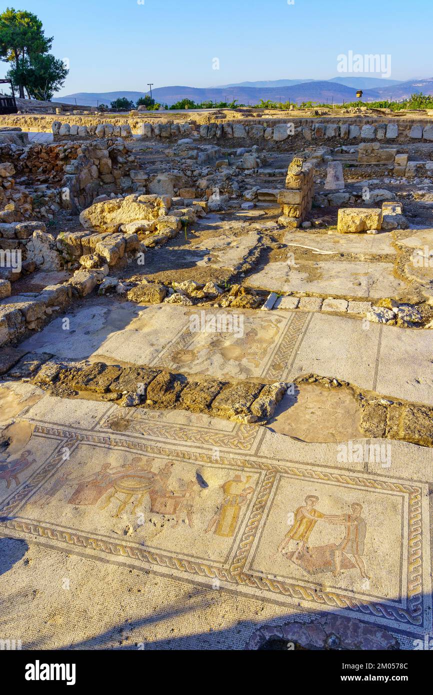 View of a Roman era mosaic floor of a public house, and the site ruins ...