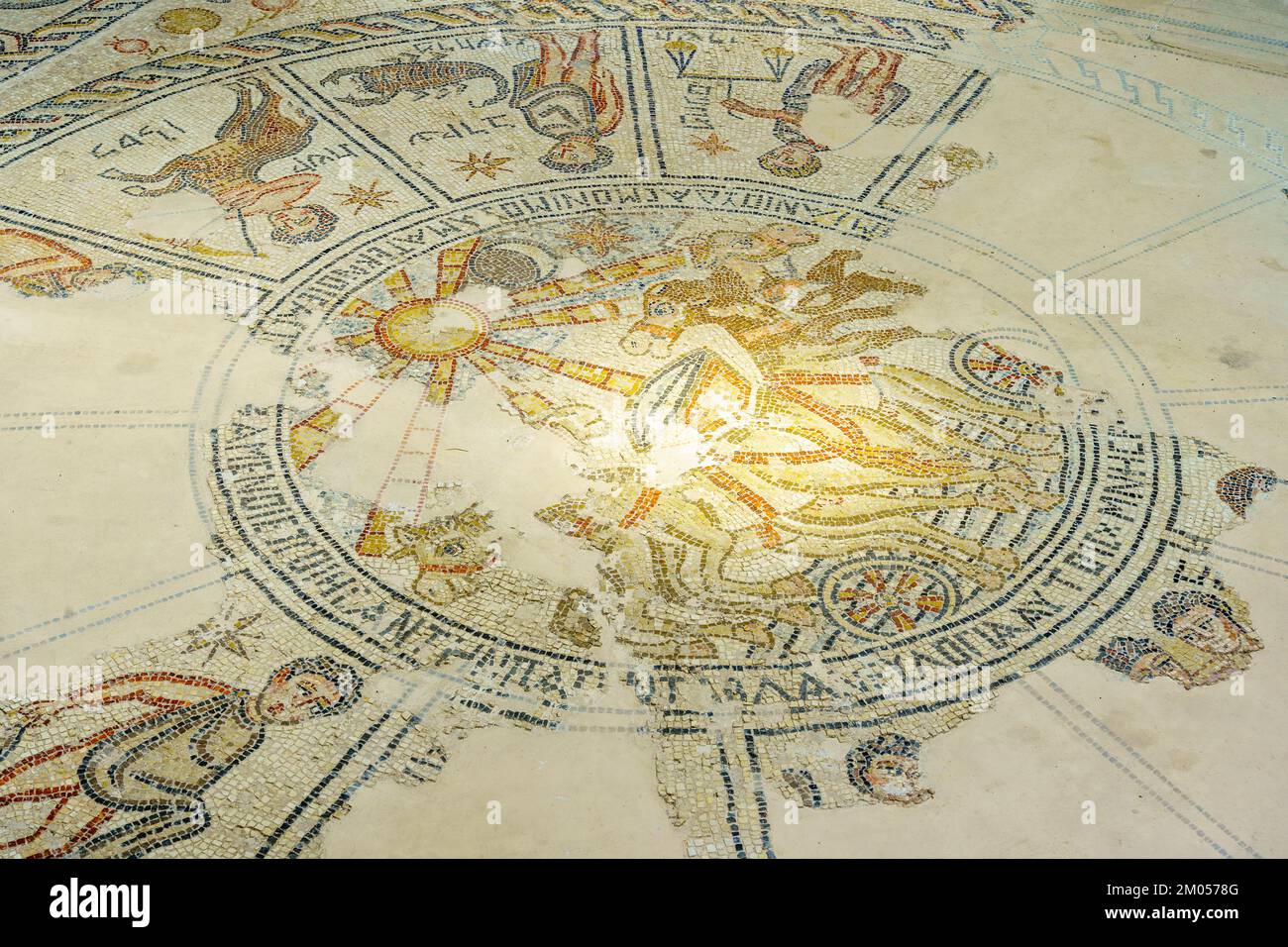 View of a Roman era Mosaic floor, with zodiac and biblical scenes, in ...