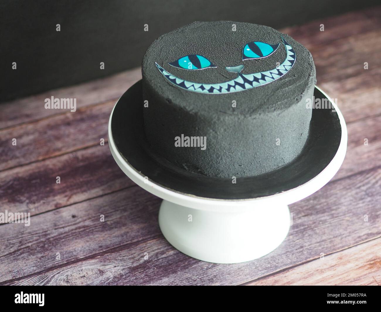 black matte edible paint on frosted spongy birthday cake with bad cat ...