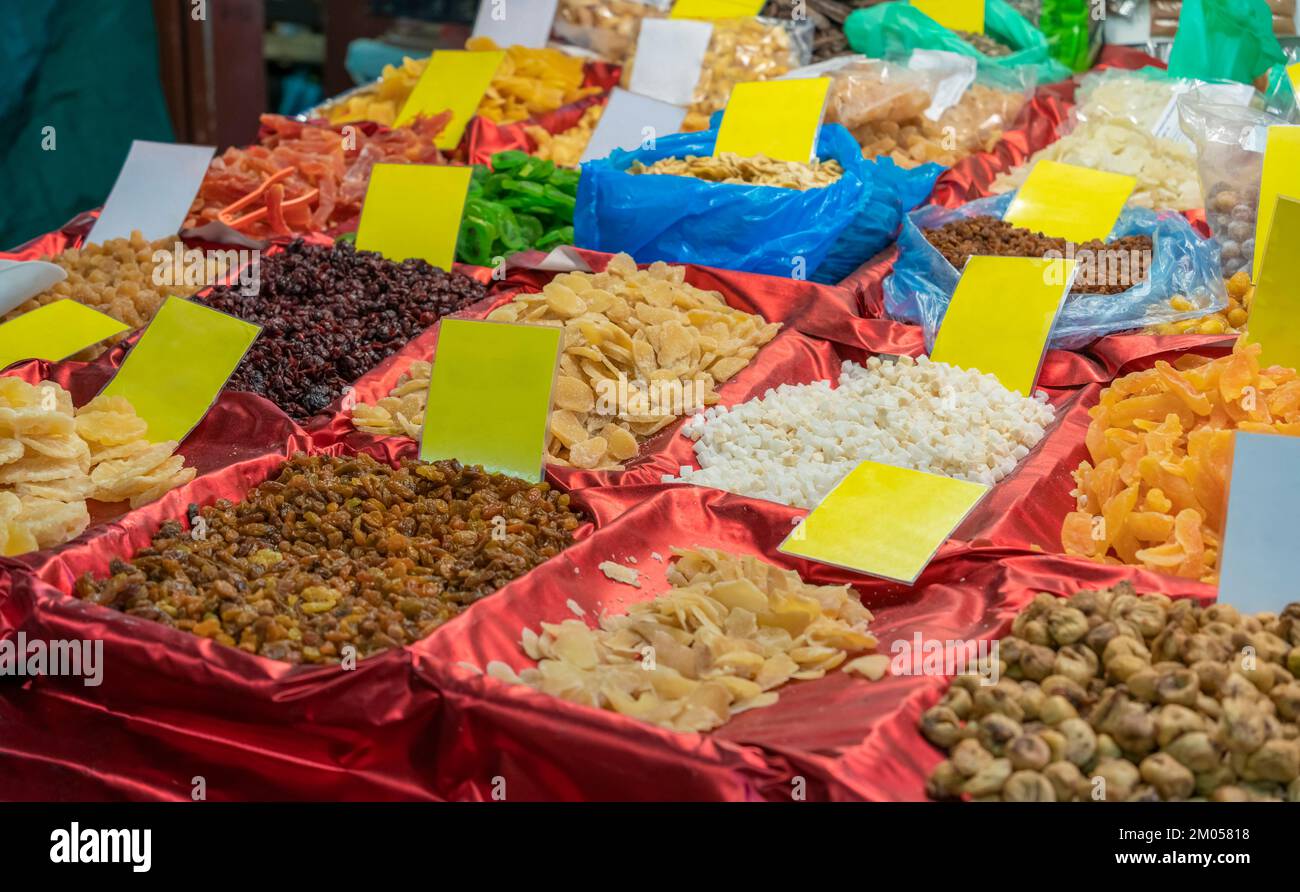 Lots of dried fruits seen at a market stall in Italy Stock Photo - Alamy
