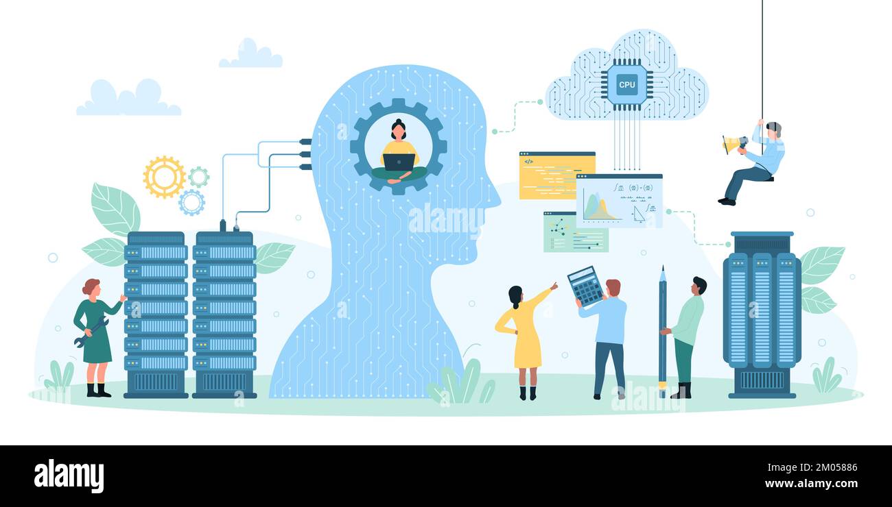 Ai And Machine Learning Vector Illustration Cartoon Tiny People Work With Algorithms And Codes