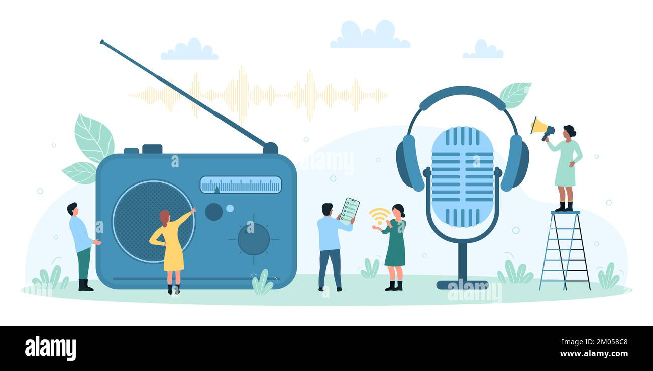 Sound recording with studio equipment vector illustration. Cartoon tiny ...