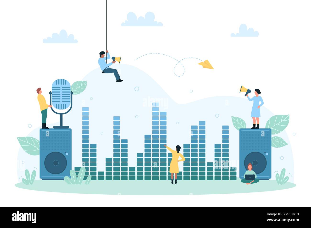Volume sound technology vector illustration. Cartoon tiny people listen ... Volume sound technology vector illustration. Cartoon tiny people listen ...