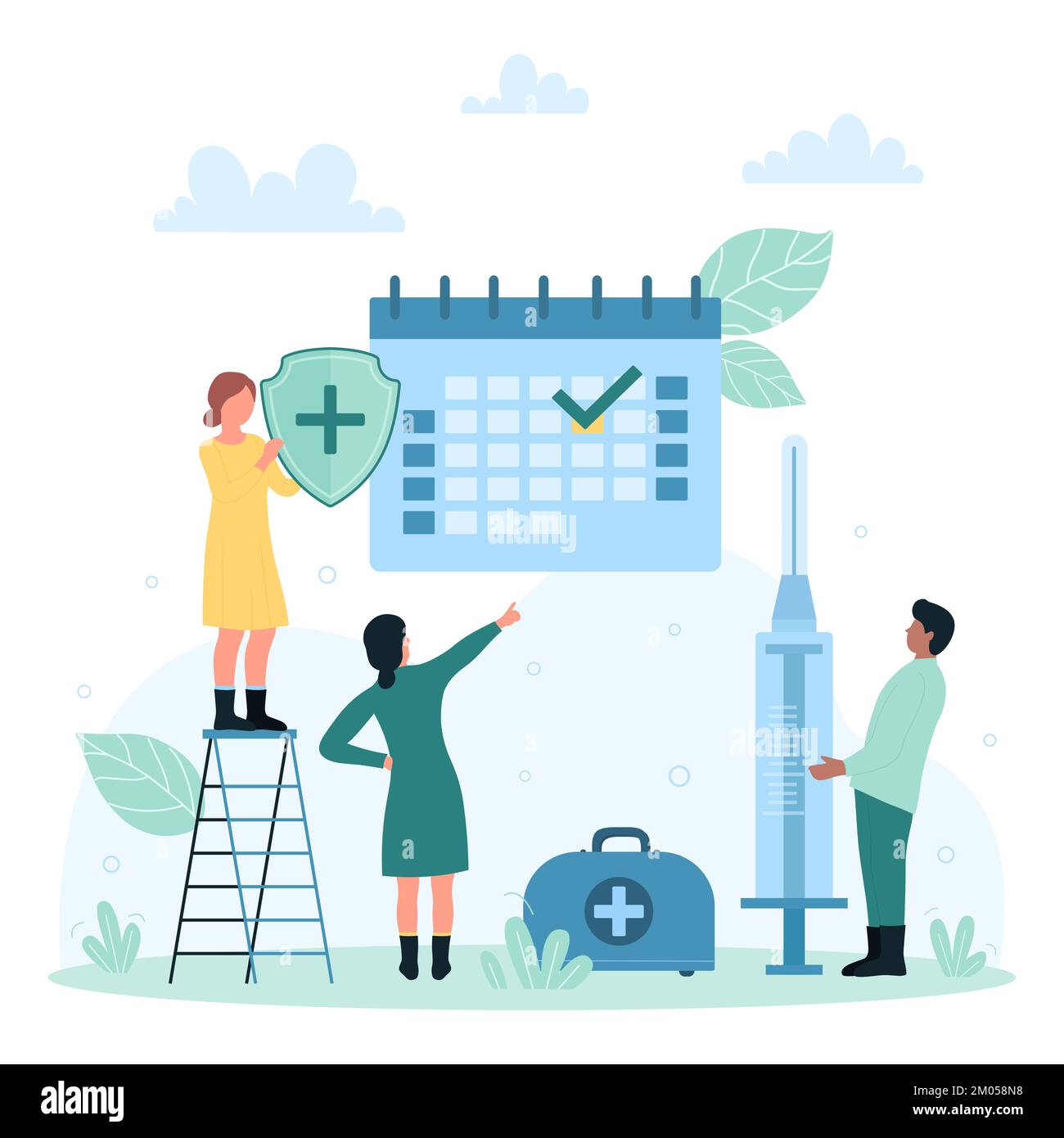 Vaccination campaign vector illustration. Cartoon tiny people holding ...