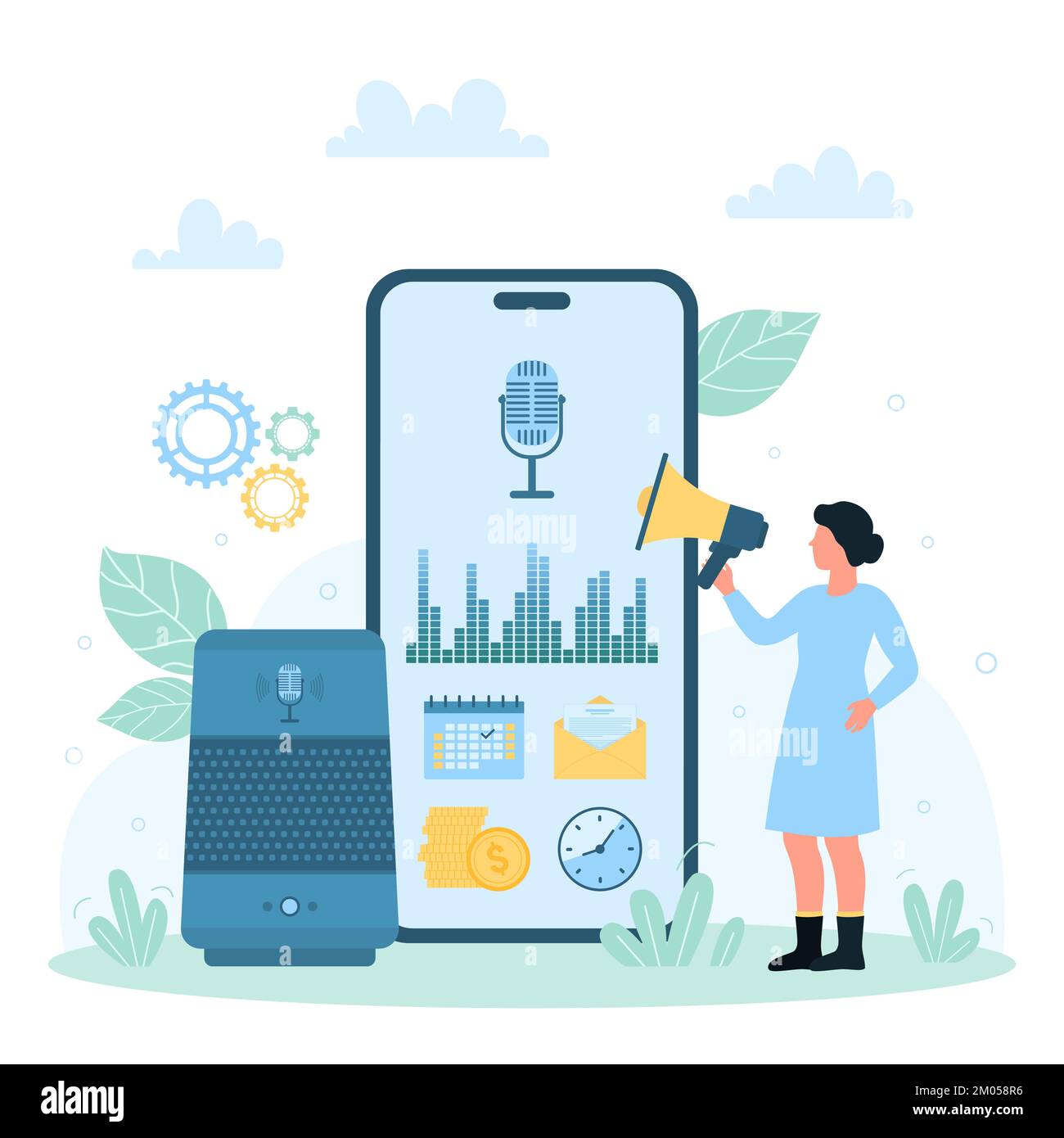 Voice recognition for home smart system, IOT vector illustration. Cartoon tiny person using ...