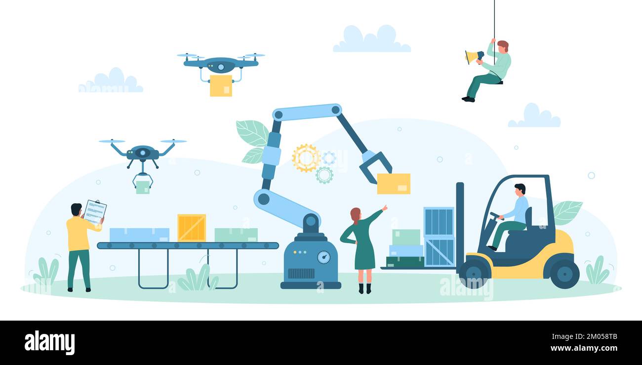 Factory Warehouse Automation Warehousing Vector Illustration Cartoon Tiny People And Robots