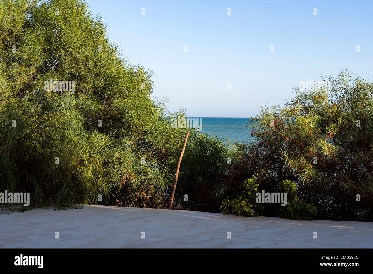 Open terrace facing the sea in a private villa in Sicily, Italy during ...