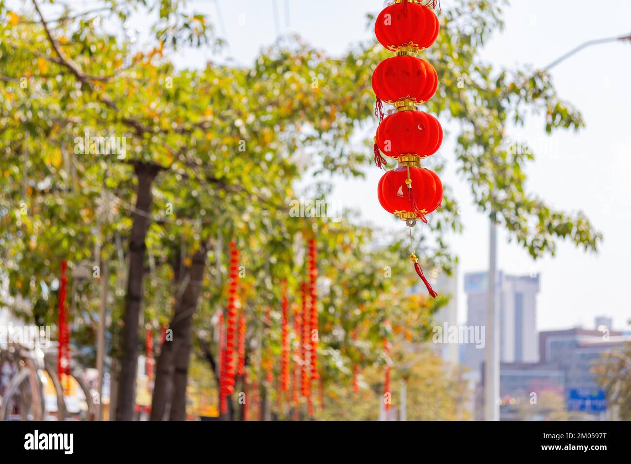 Close up shot of red lantern hanging on the street at Macau, China ...