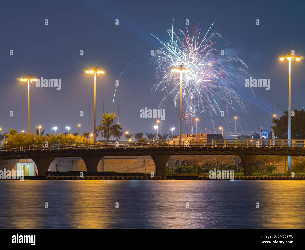 Night view of the fireworks over bridge at Macau Stock Photo - Alamy