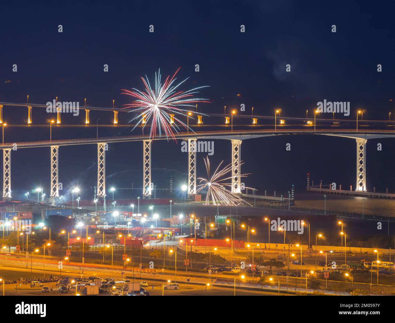 Night view of the fireworks over bridge at Macau Stock Photo - Alamy