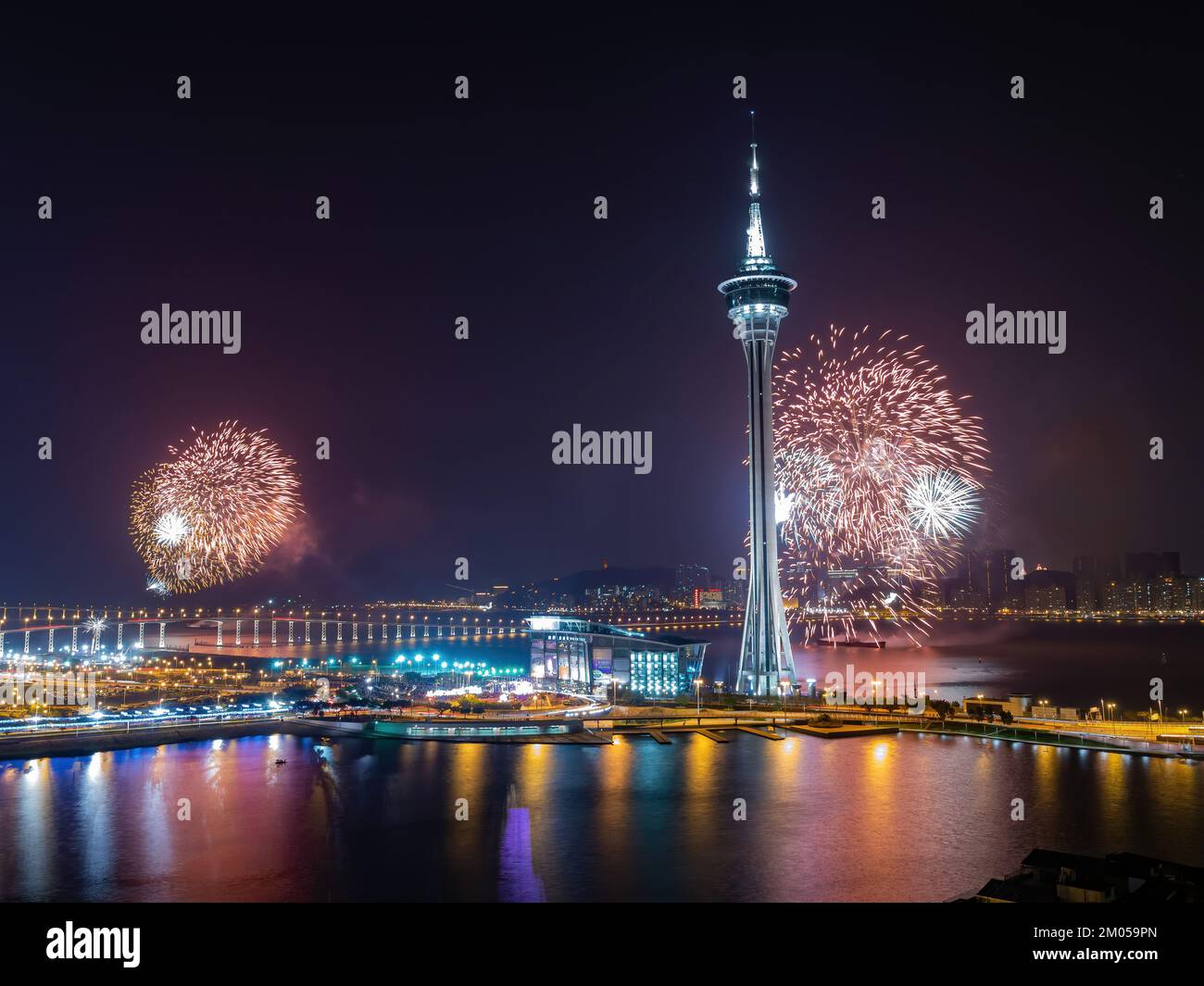 Night view of the fireworks over Macau Tower Convention and ...