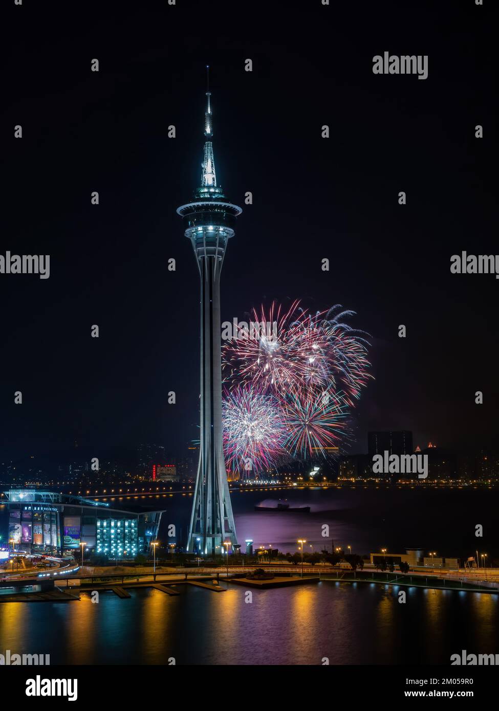 Night view of the fireworks over Macau Tower Convention and Entertainment Center at Macau, China ...