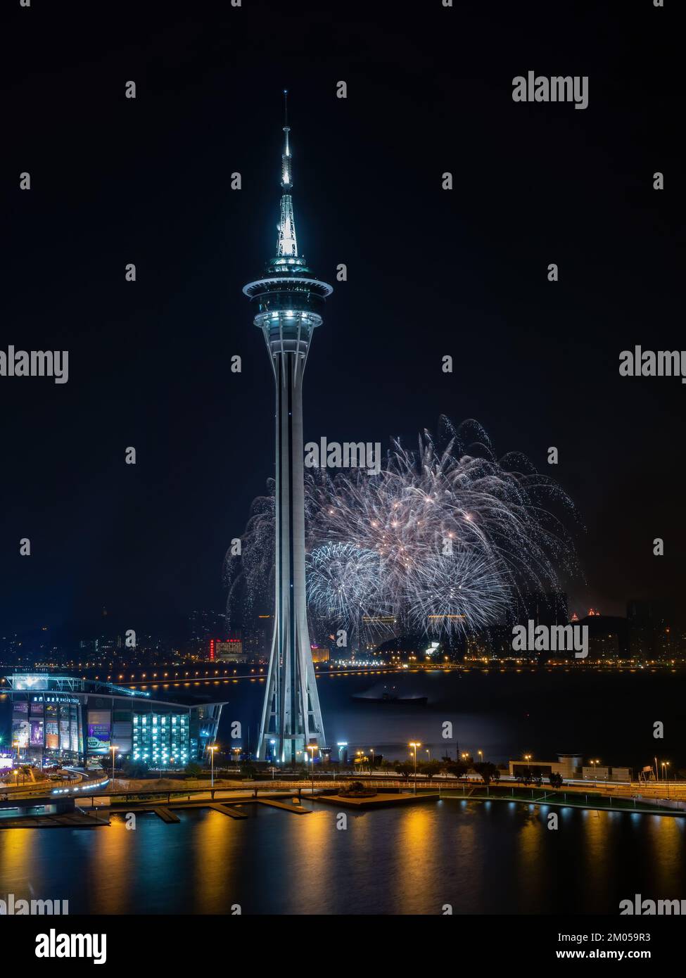 Night view of the fireworks over Macau Tower Convention and ...