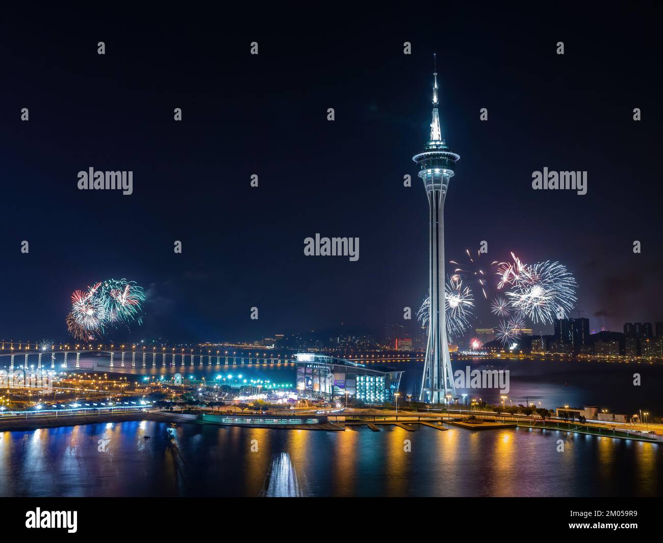 Night view of the fireworks over Macau Tower Convention and ...