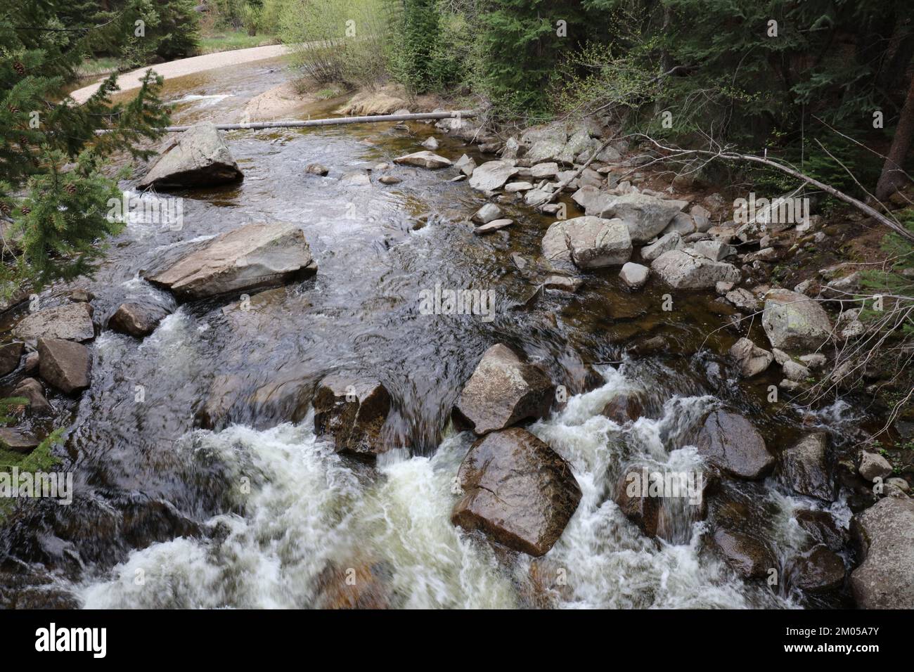 A stream rushing over large rocks, lined by a forest on Weller Lake ...