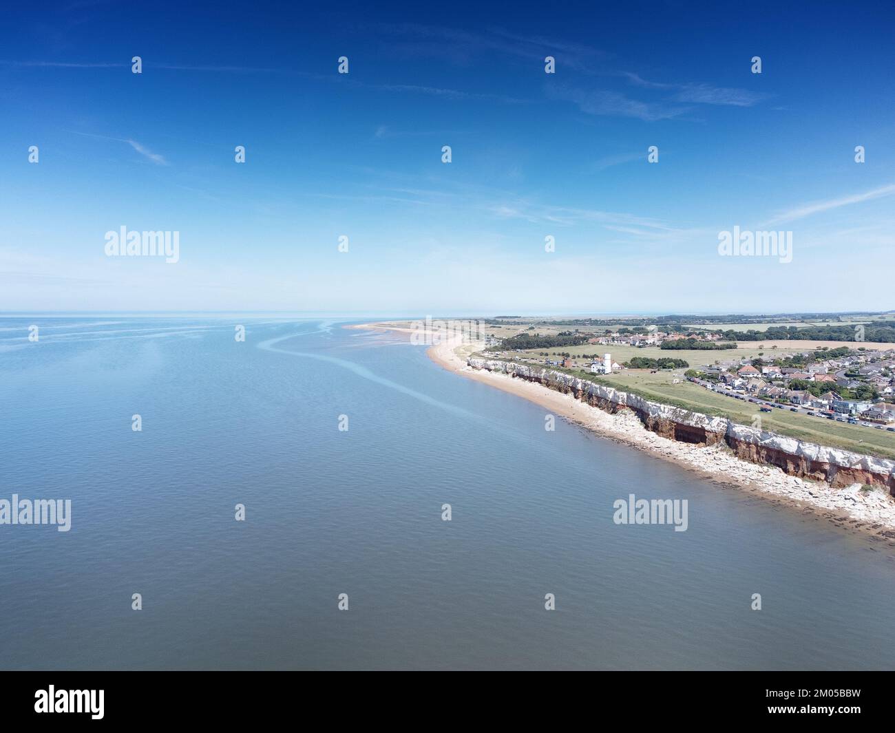 aerial view above the sea looking at the sea side town of Hunstanton in ...