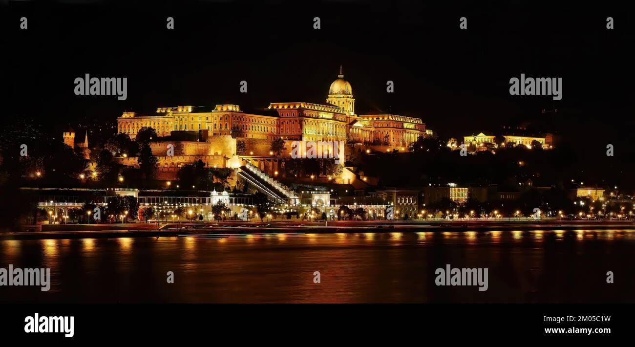 Night shot, long exposure photography, famous historical Buda Castle in illuminated at night ...
