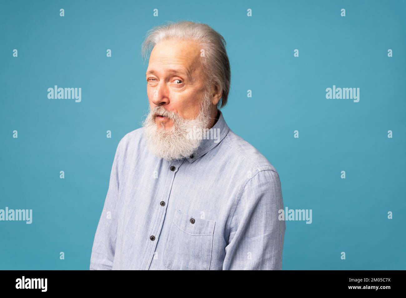 Portrait of white bearded candid old man wink wear good look clothing ...