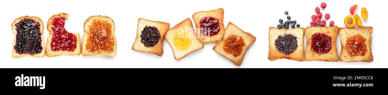 Collage of sweet toasted bread with jams on white background Stock ...