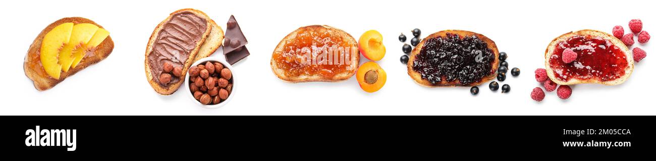 Collage of sweet toasted bread with jams and chocolate hazelnut paste ...