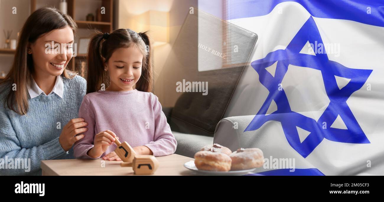 Banner with Israeli national flag and happy little girl with mother ...