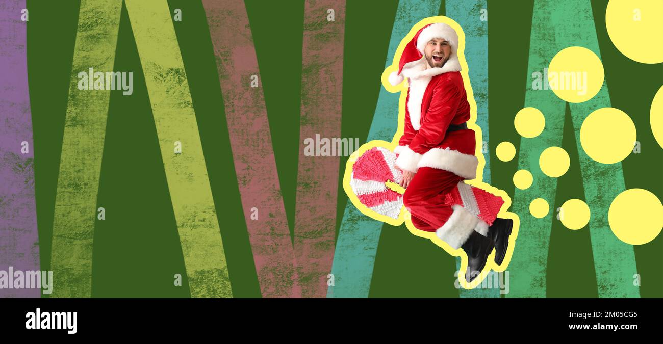Jumping Santa Claus with candy cane pinata on green background Stock ...