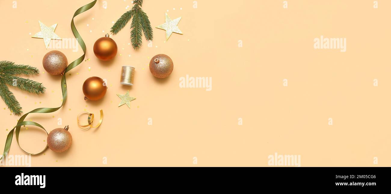 Beautiful composition with Christmas decorations on color background ...