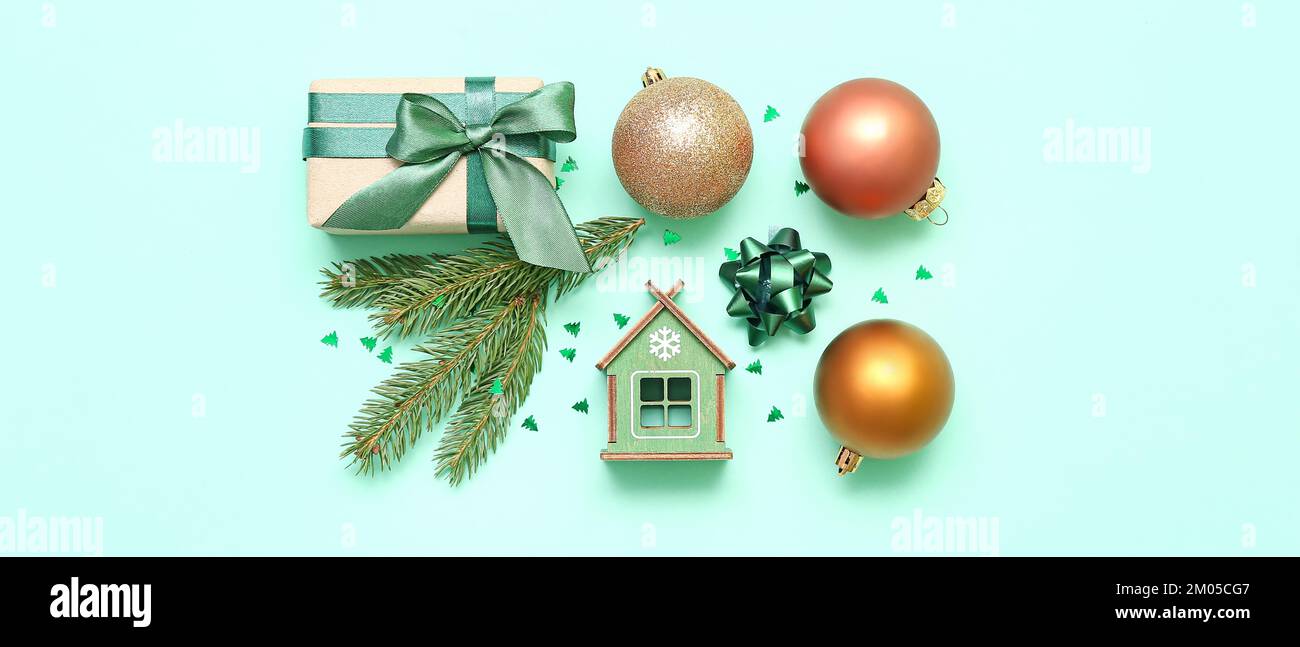 Composition with beautiful Christmas decorations, gift and fir branches ...