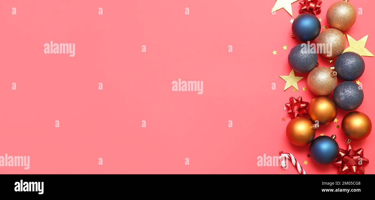 Beautiful Christmas decorations on red background with space for text ...
