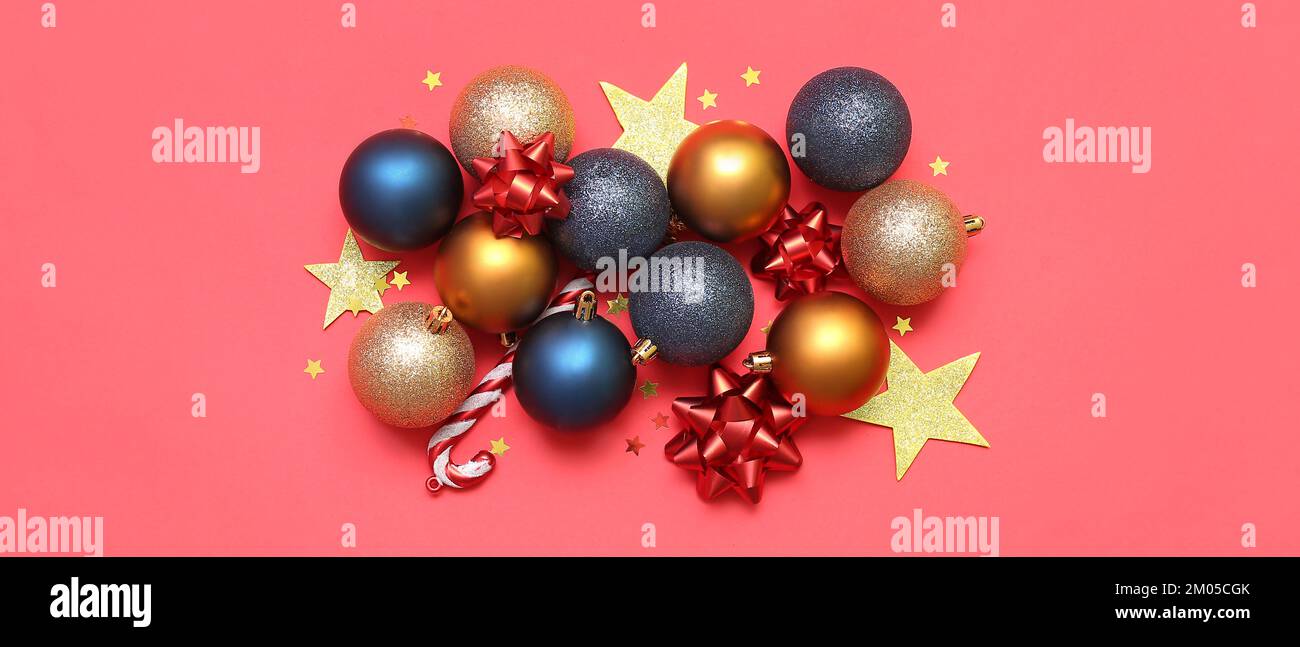 Beautiful Christmas decorations on red background Stock Photo - Alamy