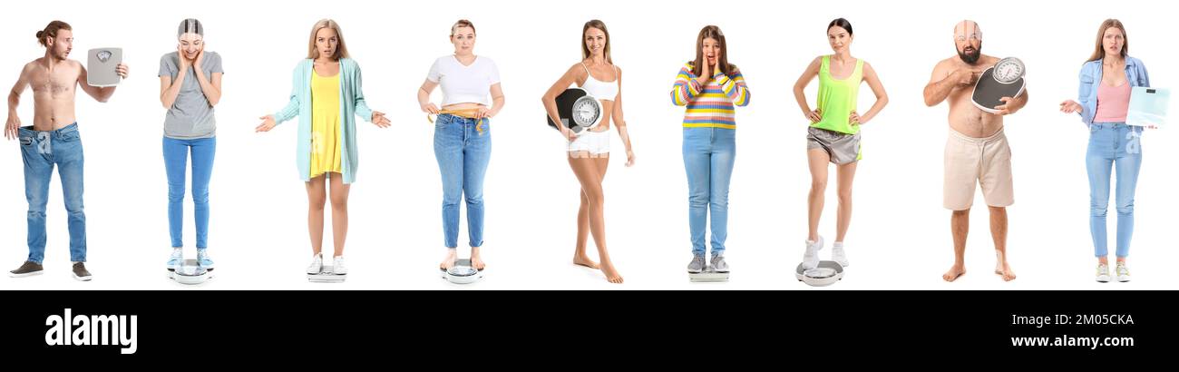 Set of people with weight scales isolated on white Stock Photo - Alamy