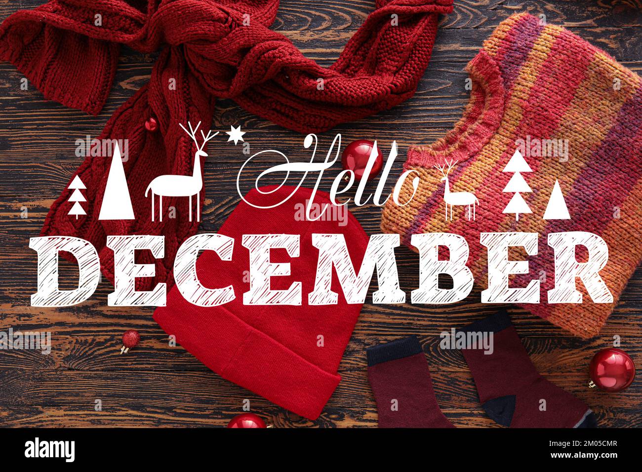 Banner with stylish winter clothes and text HELLO DECEMBER Stock Photo ...