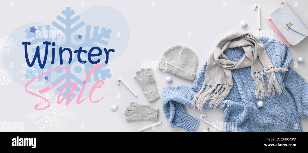 Banner for winter sale with warm clothes on white background Stock ...
