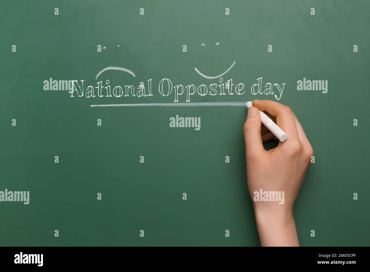 Female hand drawing different smiles on chalkboard. National Opposite ...