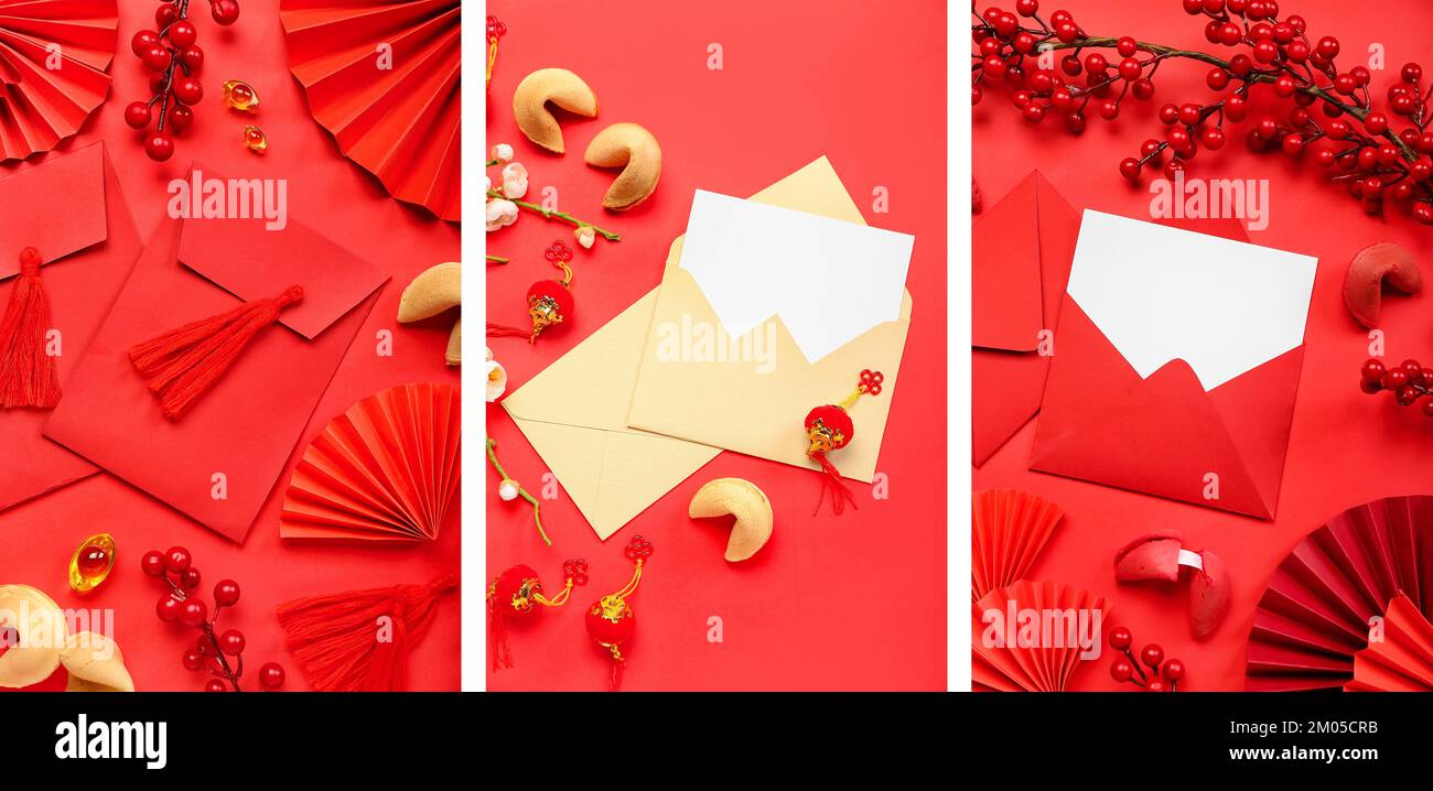 Festive collage with envelopes, blank cards and Chinese symbols on red ...