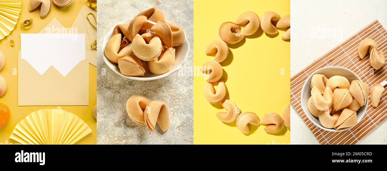 Festive collage with Chinese cookies and envelope on color background ...