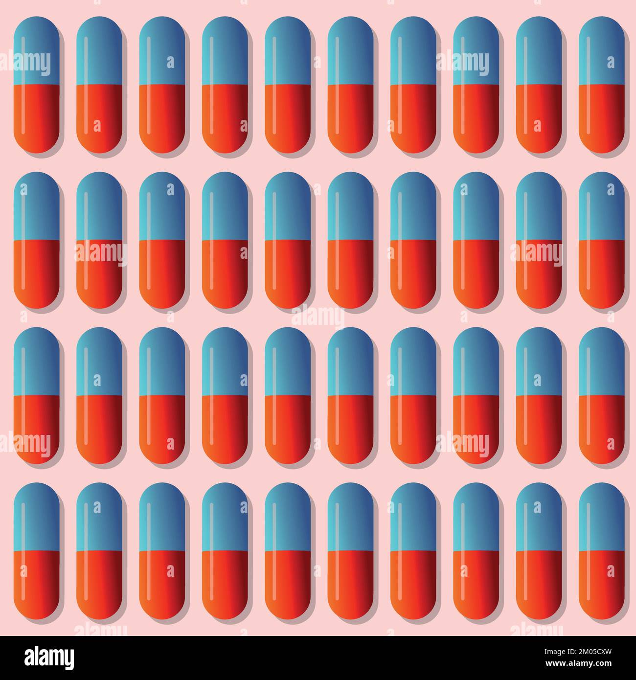 vector illustration of red and blue medicine pills lined up on pink ...