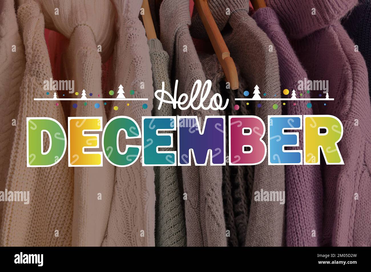 Banner with warm winter sweaters and text HELLO DECEMBER Stock Photo ...