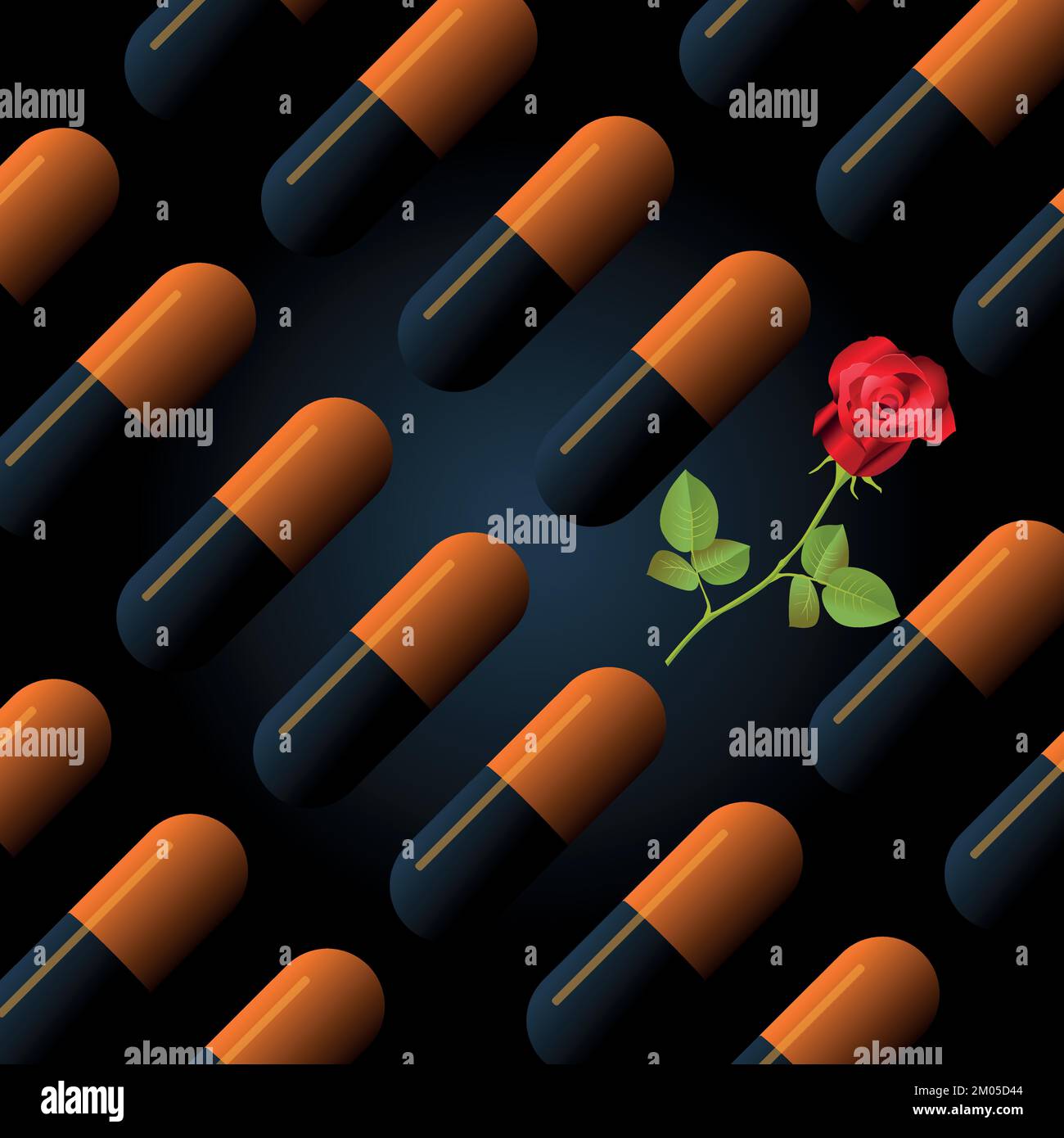surreal vector illustration of black and orange medicine pills lined up ...